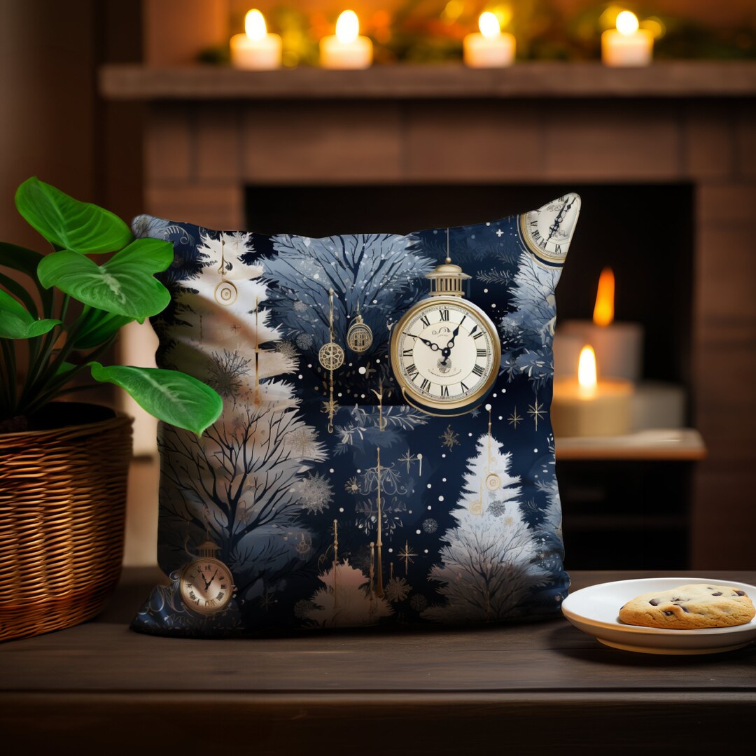 Dark Blue Winter Pillow Winter Trees and Gold Pocket Watches - Etsy