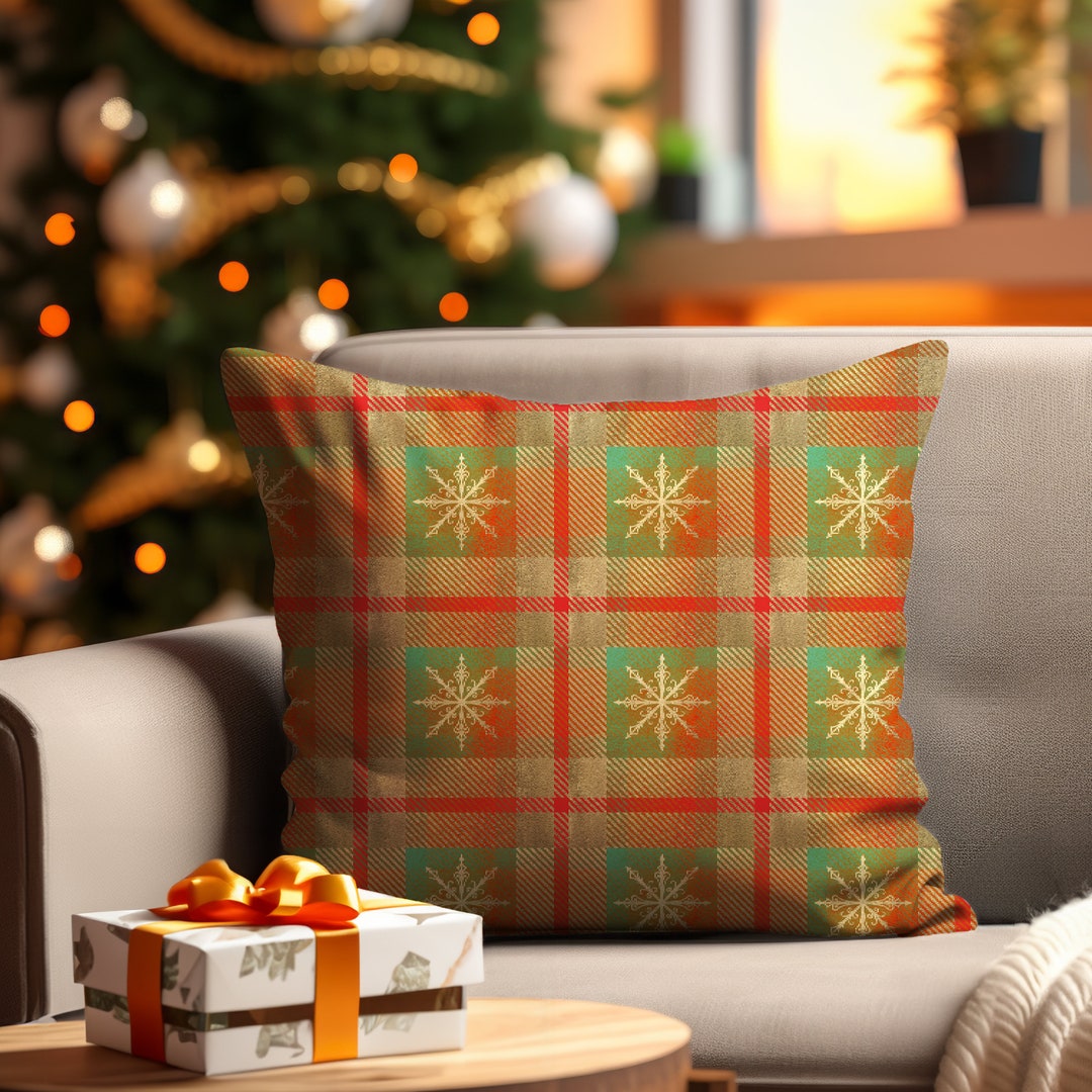Cozy Christmas Plaid Pillow, Red and Green Plaid With Gold Snowflakes ...