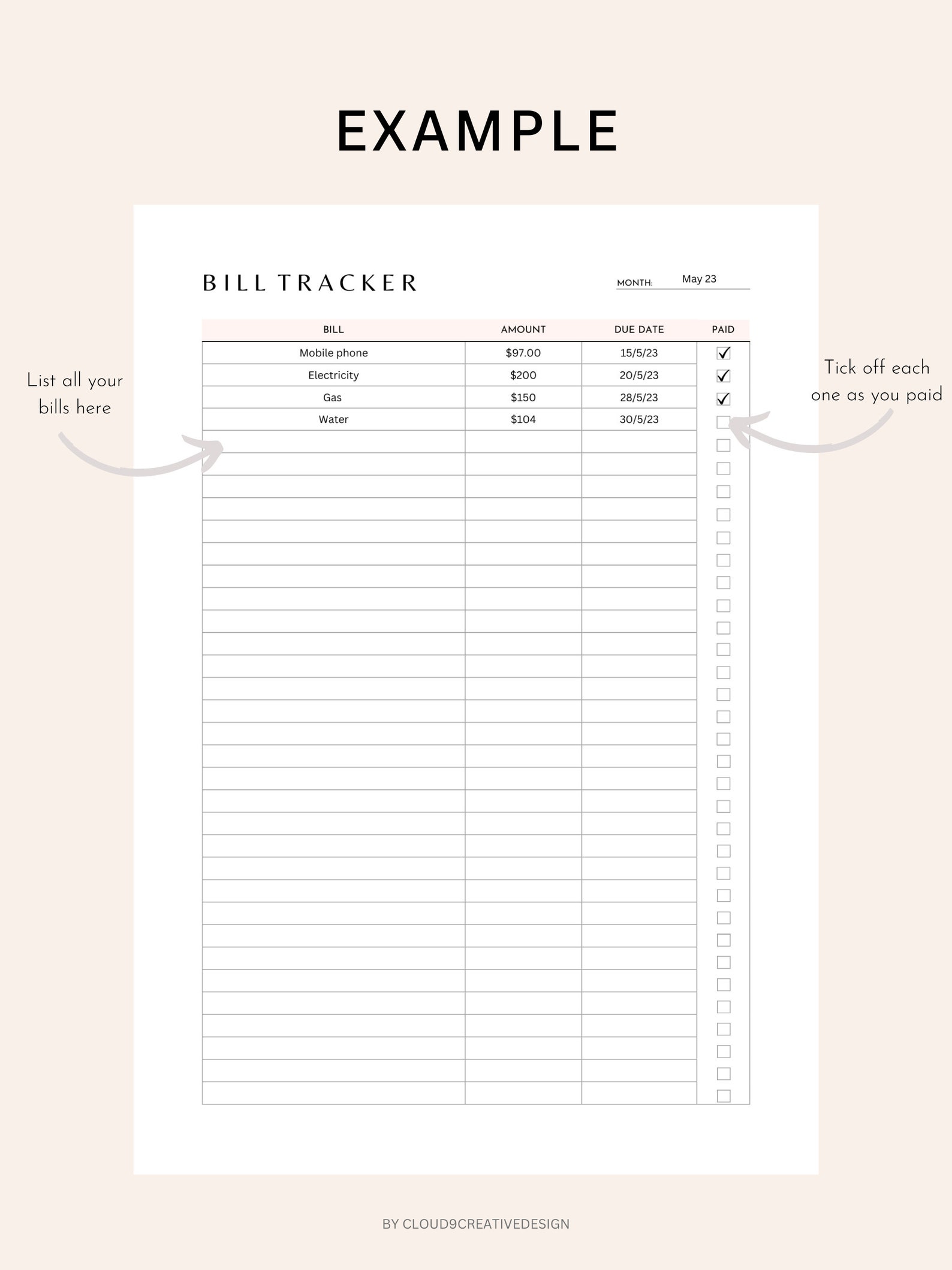 Minimalist Printable Bill Tracker Template for Finance Planner and ...