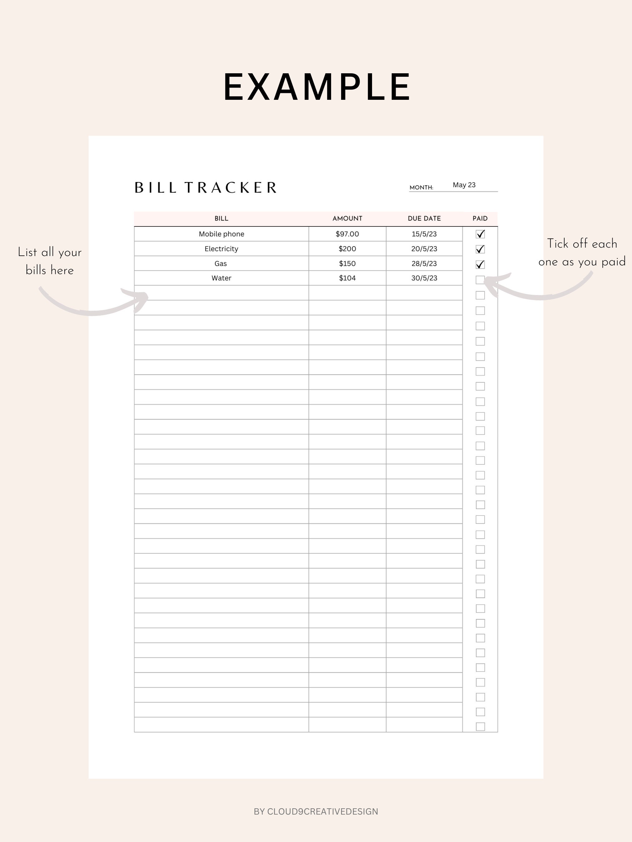 Minimalist Printable Bill Tracker Template for Finance Planner and ...