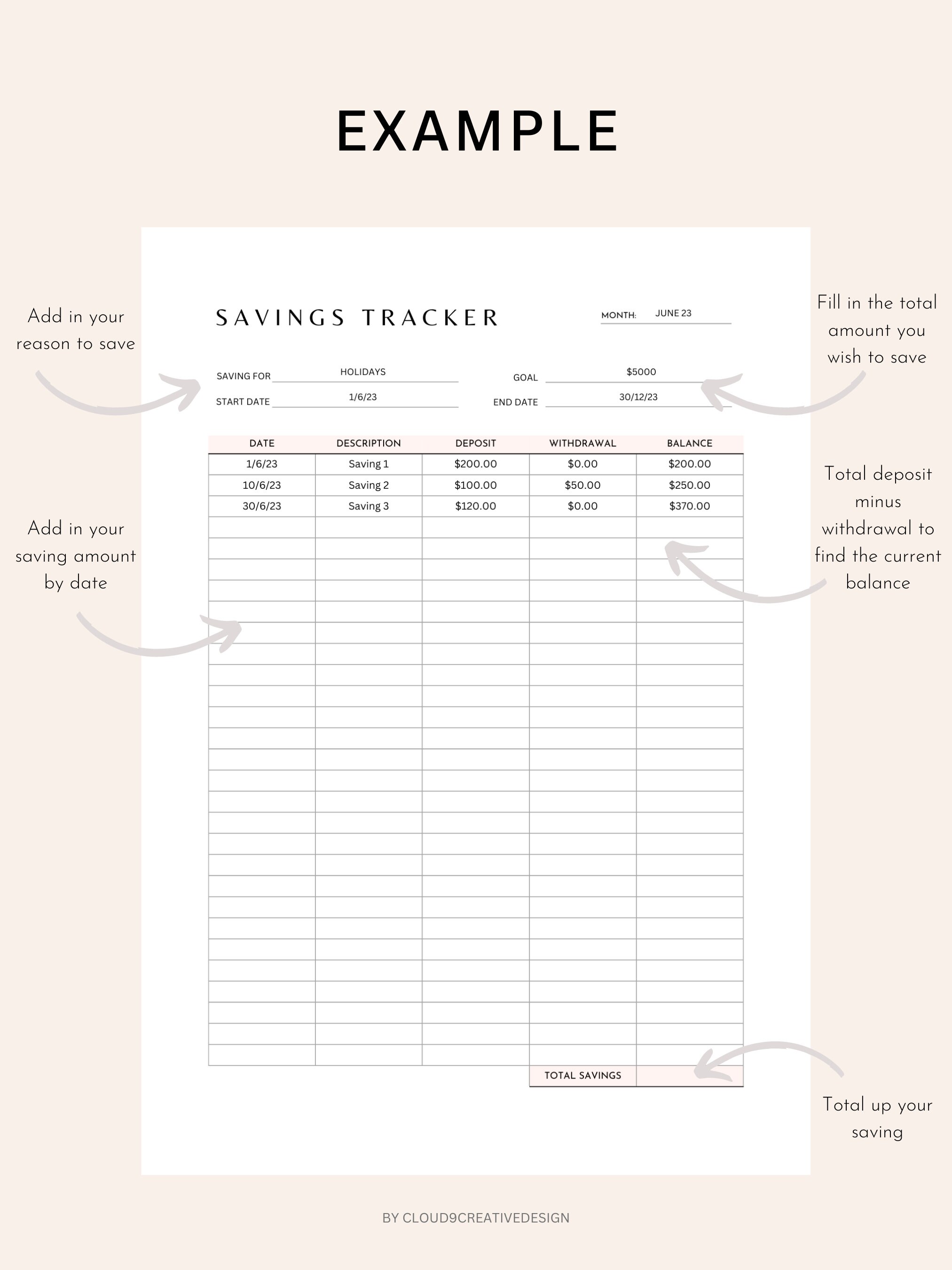 Digital Personal Savings Tracker Printable Template for Finance Planner ...
