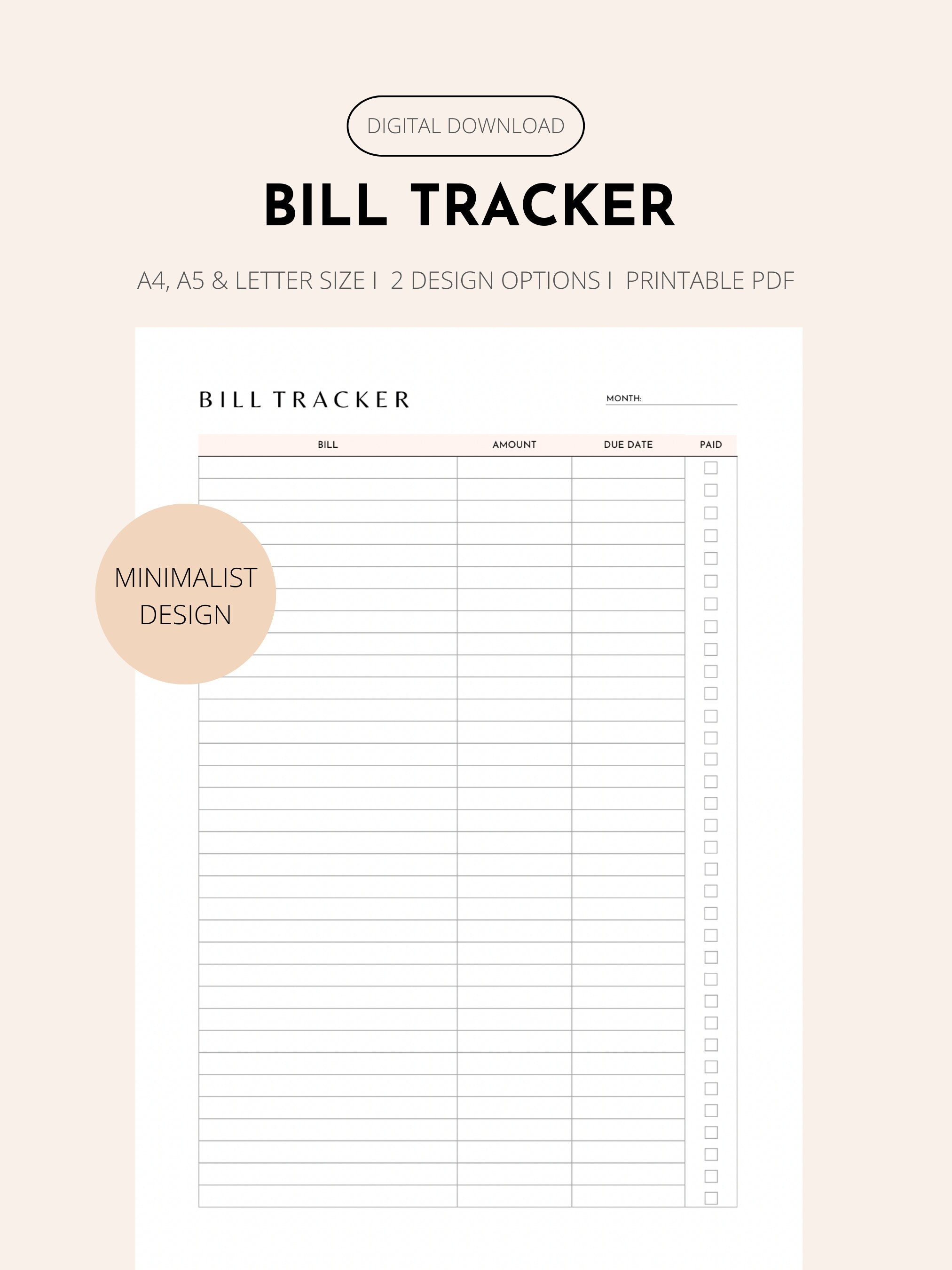 Minimalist Printable Bill Tracker Template for Finance Planner and ...
