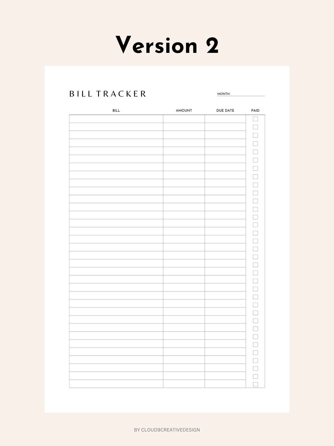Minimalist Printable Bill Tracker Template for Finance Planner and ...