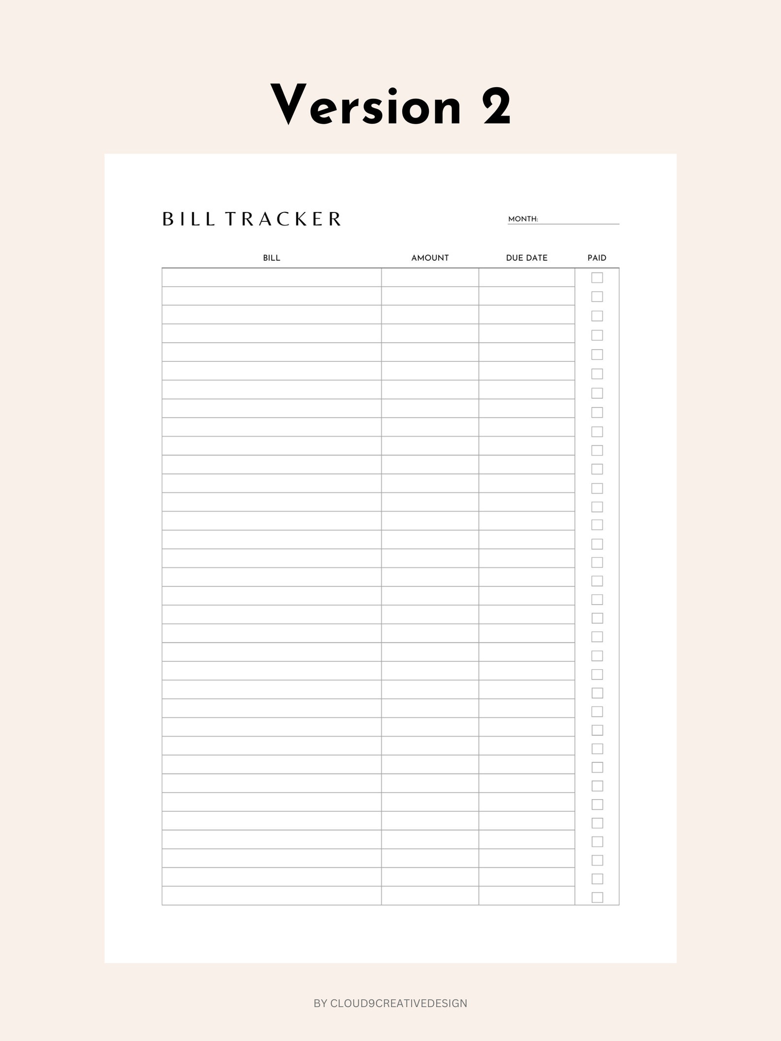 Minimalist Printable Bill Tracker Template for Finance Planner and ...