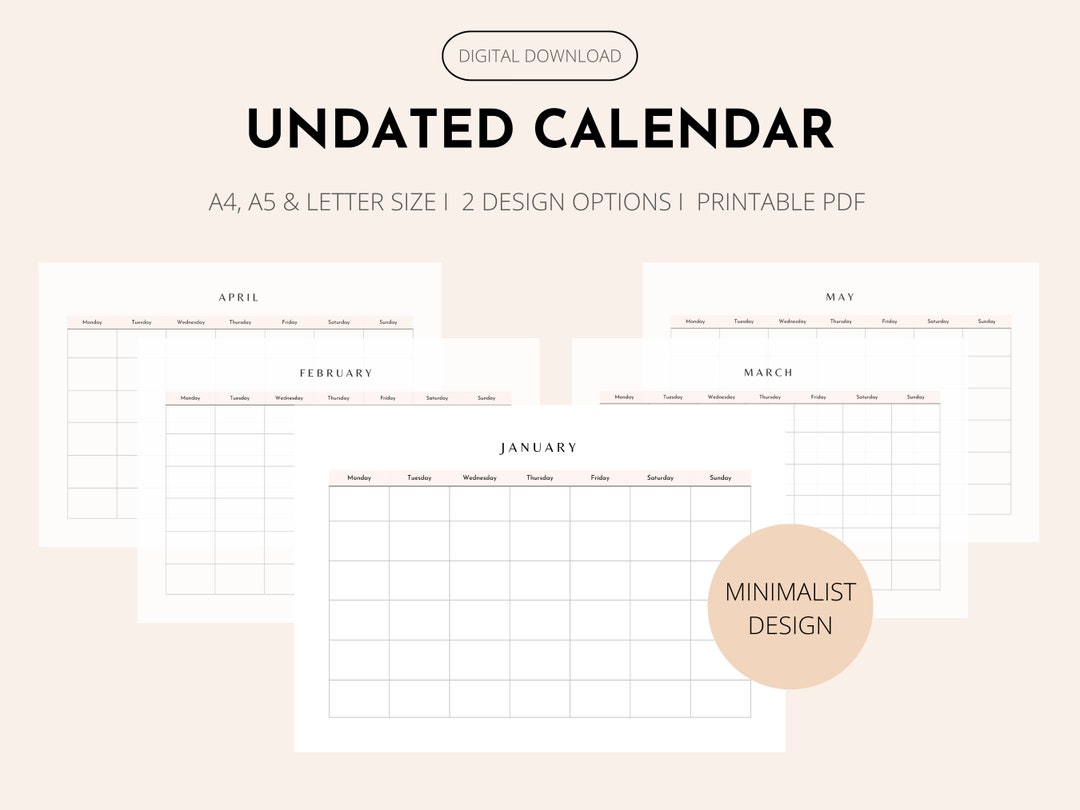Undated Monthly Calendar Printable for Desk and Wall, Minimalist Design ...