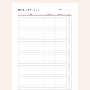 Minimalist Printable Bill Tracker Template for Finance Planner and ...