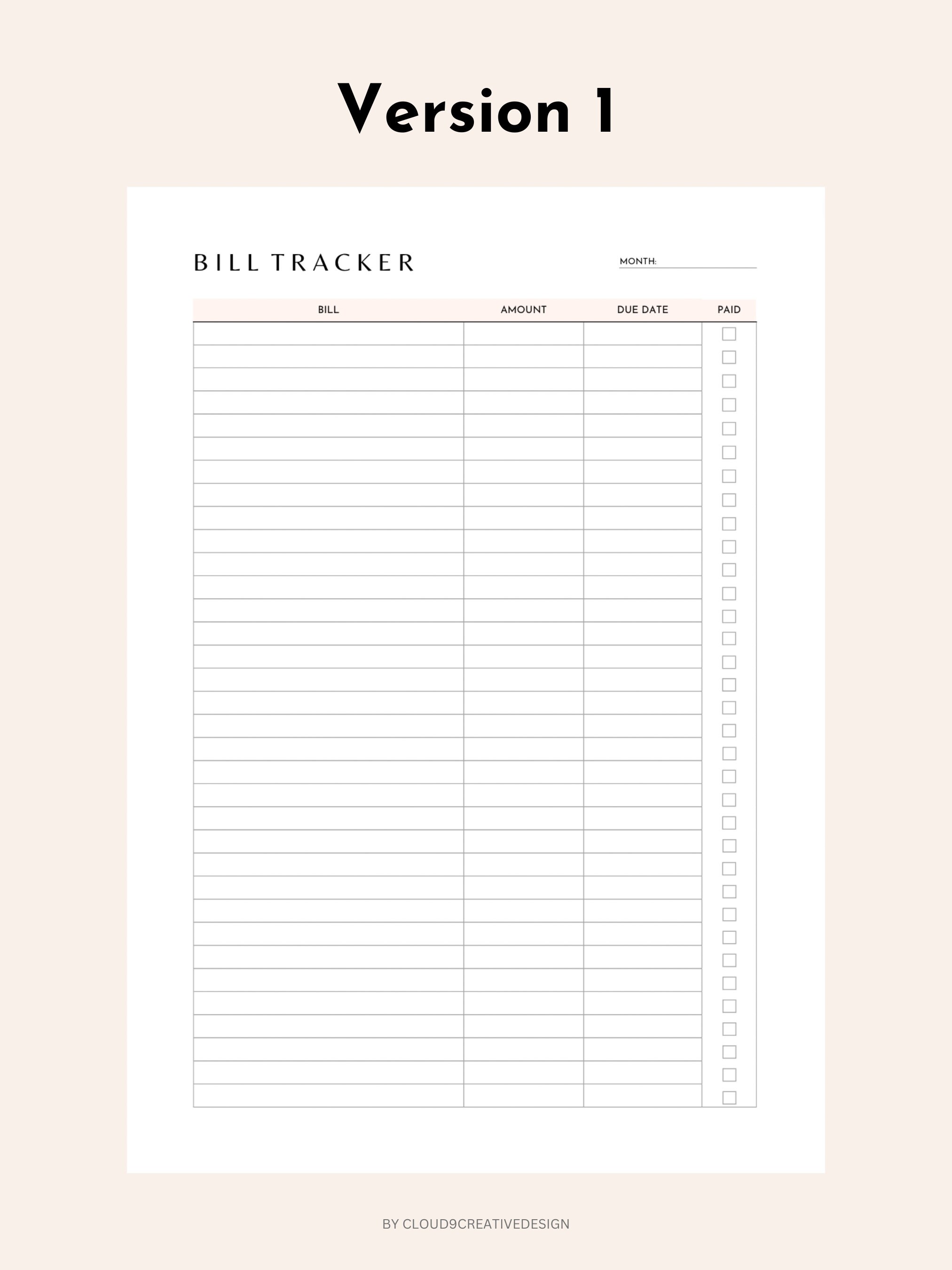Minimalist Printable Bill Tracker Template for Finance Planner and ...