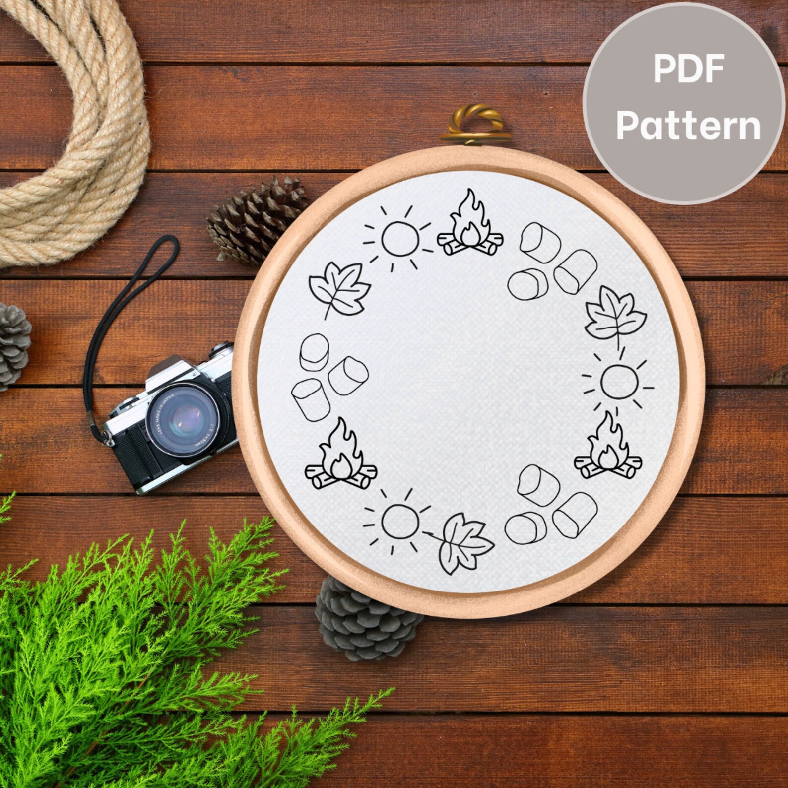 Camping Embroidery Pattern, Hand Embroidery Pattern PDF, Camping Wreath ...