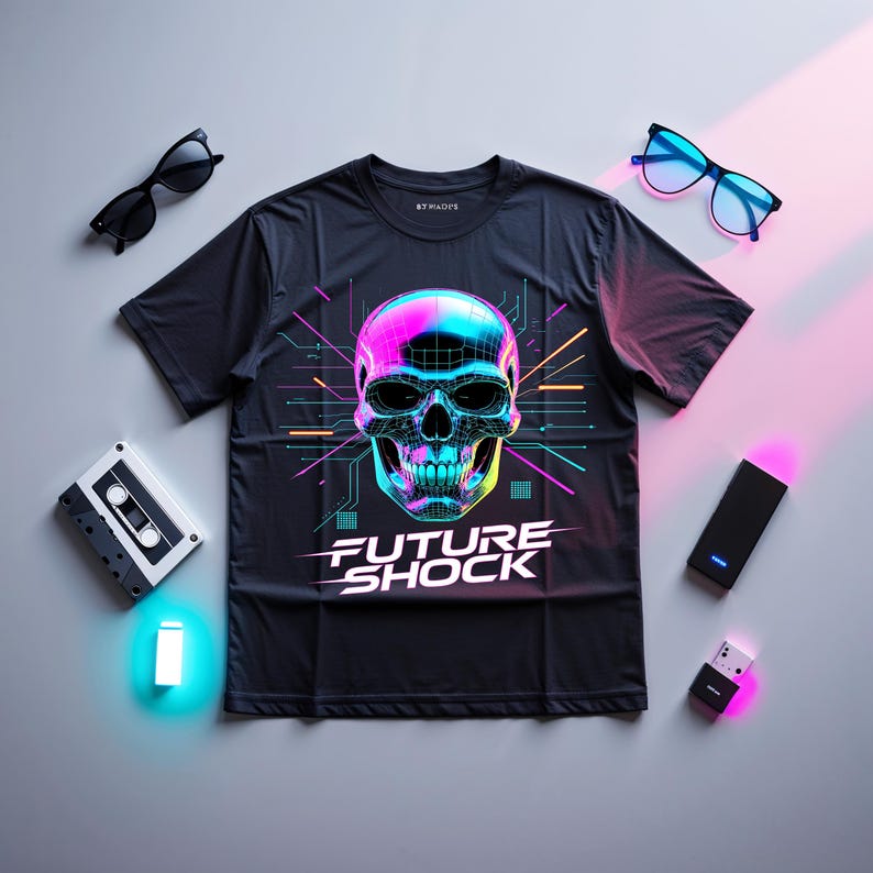 Cyberpunk Skull T-shirt Design: Vaporwave Neon Techwear (digital ...