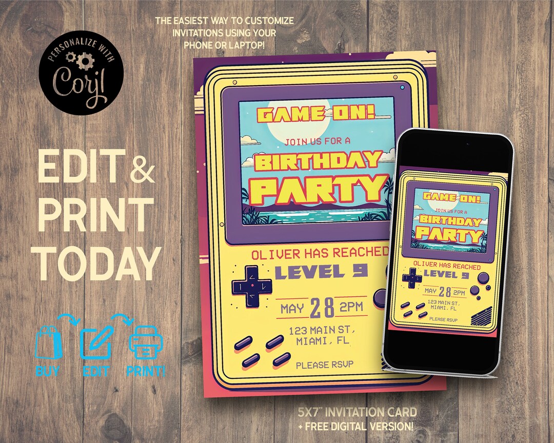 Nintendo Gameboy Birthday Party Invitation Editable & Downloadable, 5x7 ...