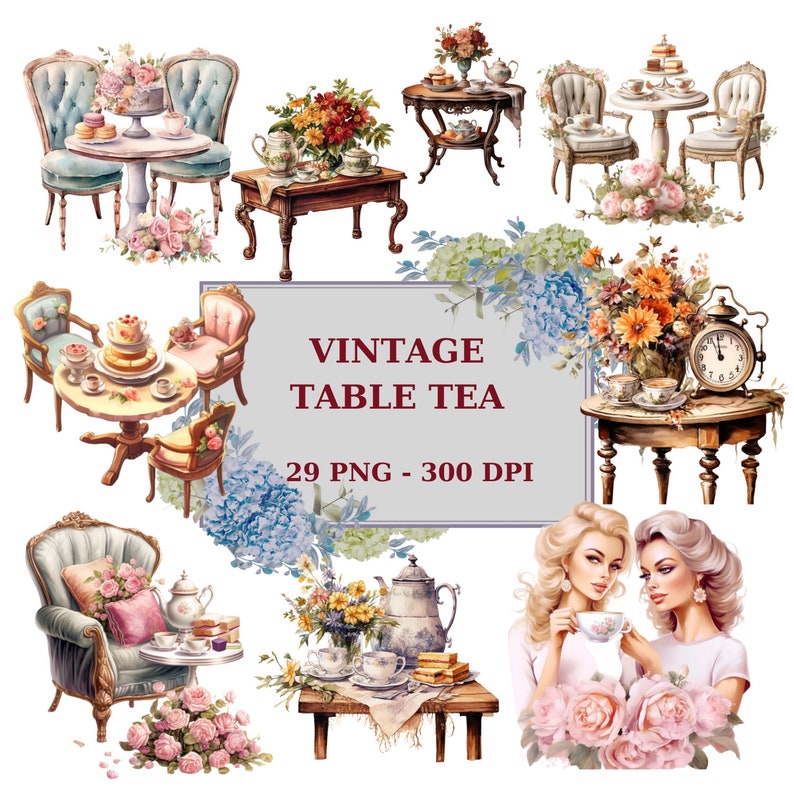 Watercolor Vintage Tea Party Clipart: Floral Table Scenes (digital ...