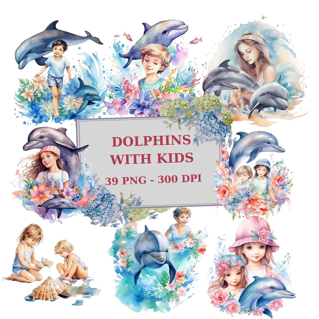 Watercolor Dolphins With Kids Clipart, Summer, Beach, Kids, Dolphins ...