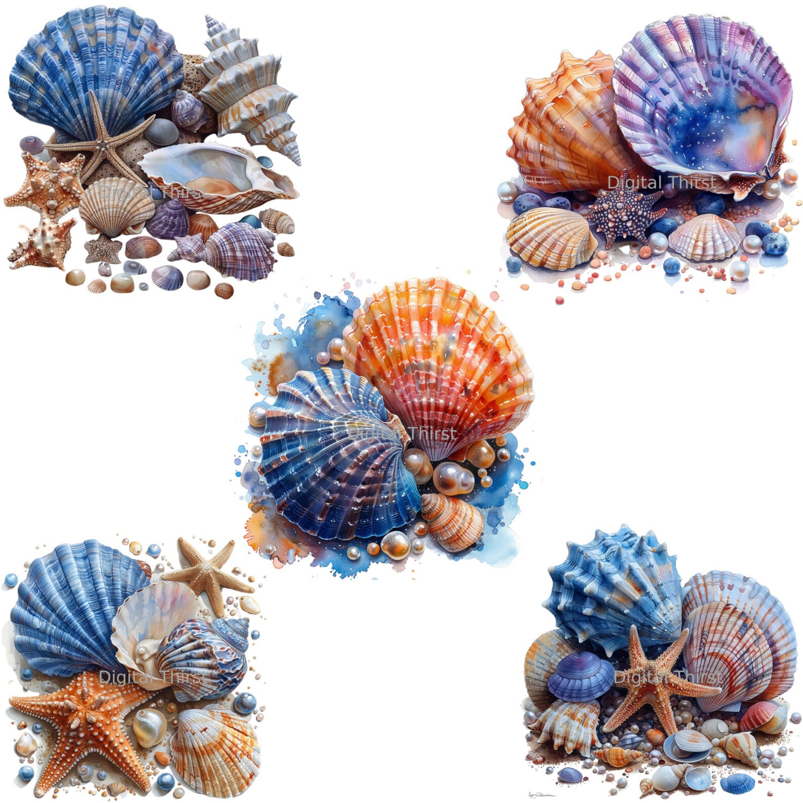 20 Colorful Sea Shells Clipart, Pearls, Sand, Seashell Digital Clipart ...