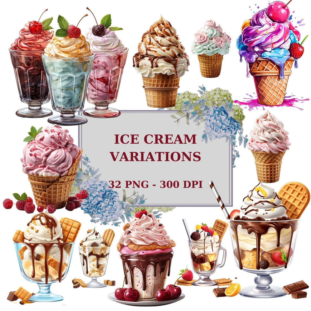 Ice Cream Variations Clipart, Ice Cream Cone, Ice Cream Cup, Glass With ...