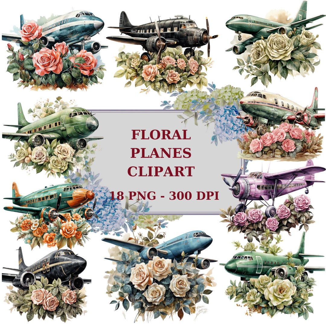 Watercolor Floral Planes Clipart, Colorful Planes With Flowers, Vintage ...