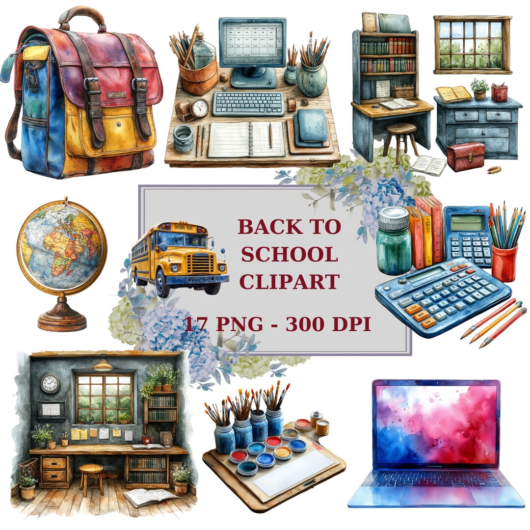 17 Watercolor Back to School Clipart, School Bus, Laptop, Calculator ...