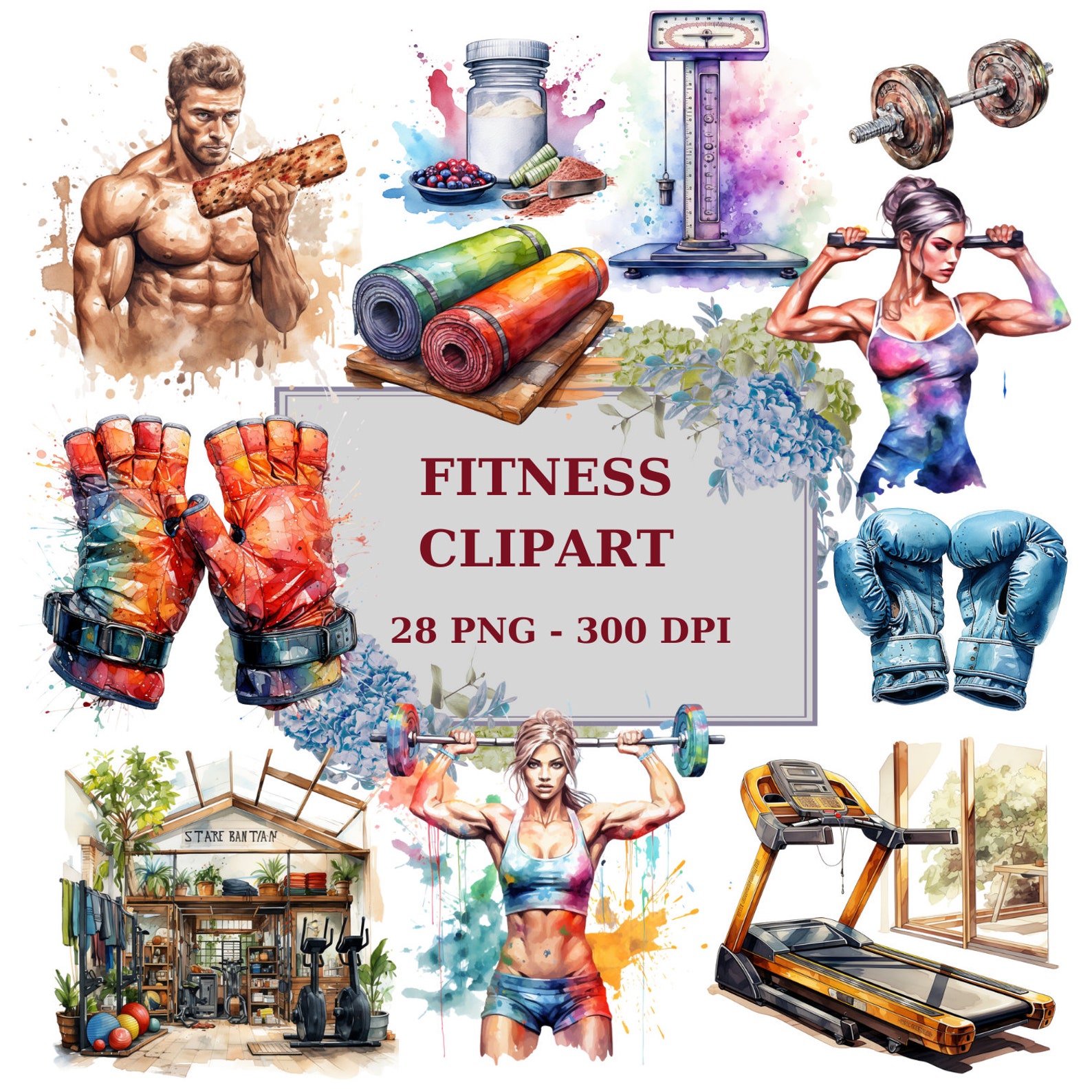 Watercolor Fitness Clipart, Exercise Equipment, Protein, Man & Woman ...