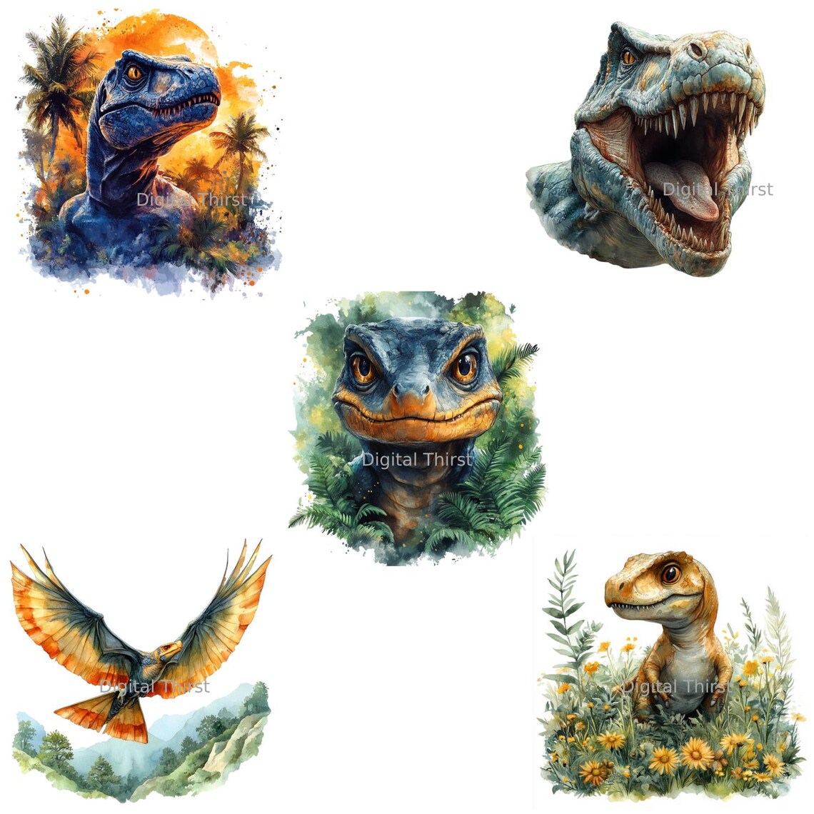 17 Watercolor Dinosaur Clipart: Jungle Animals (PNG, Digital Download ...