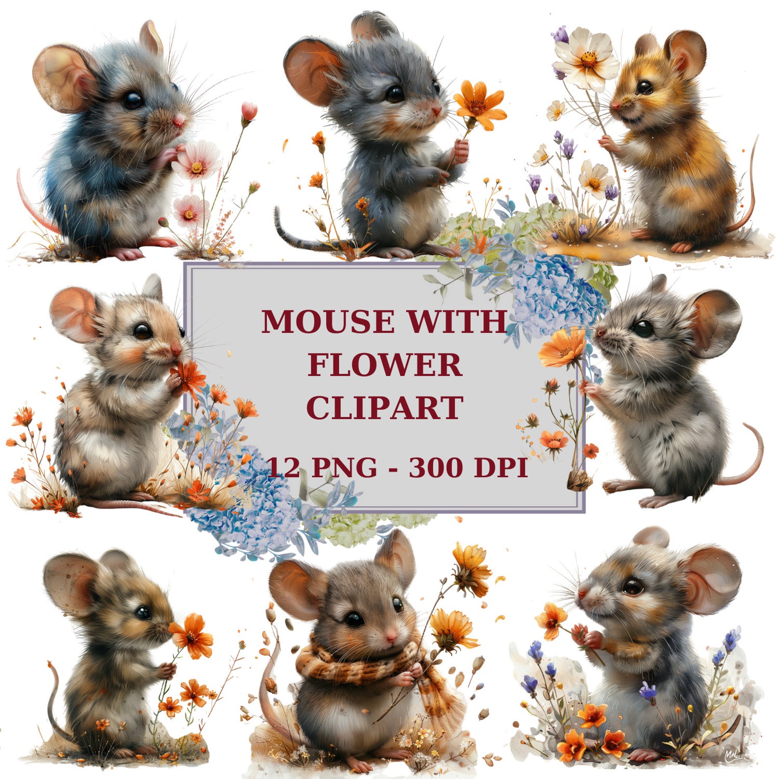 Watercolor Mouse Clipart, Cute Flower Mice, 12 PNG (digital Download ...