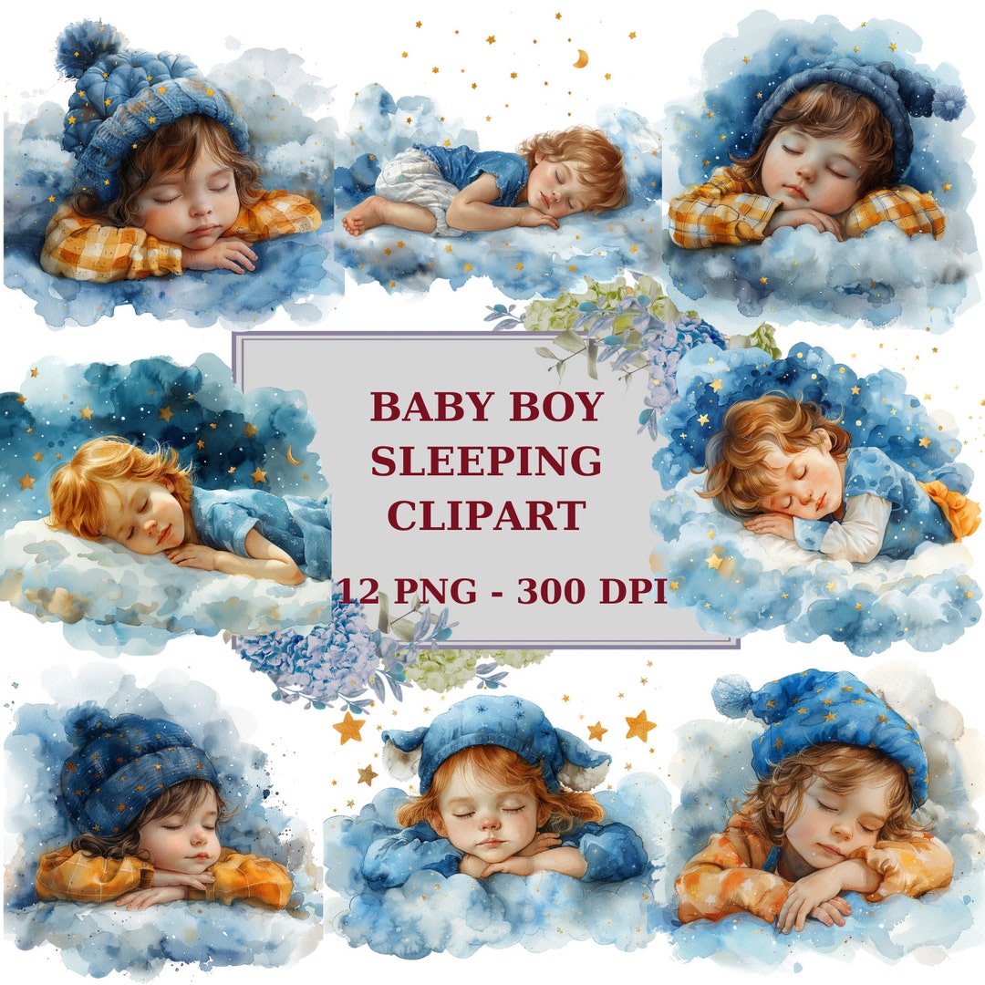 Watercolor Baby Boy Sleeping Clipart, Baby Boys Relaxing on Clouds, 300 ...