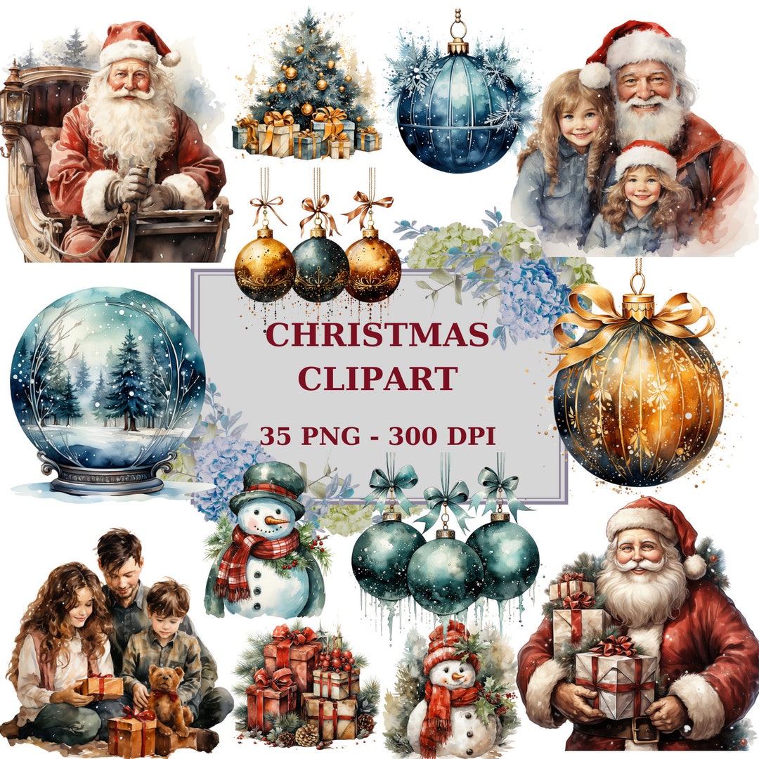 Watercolor Christmas Clipart, Santa Claus, Tree & Ornaments, Snowman ...