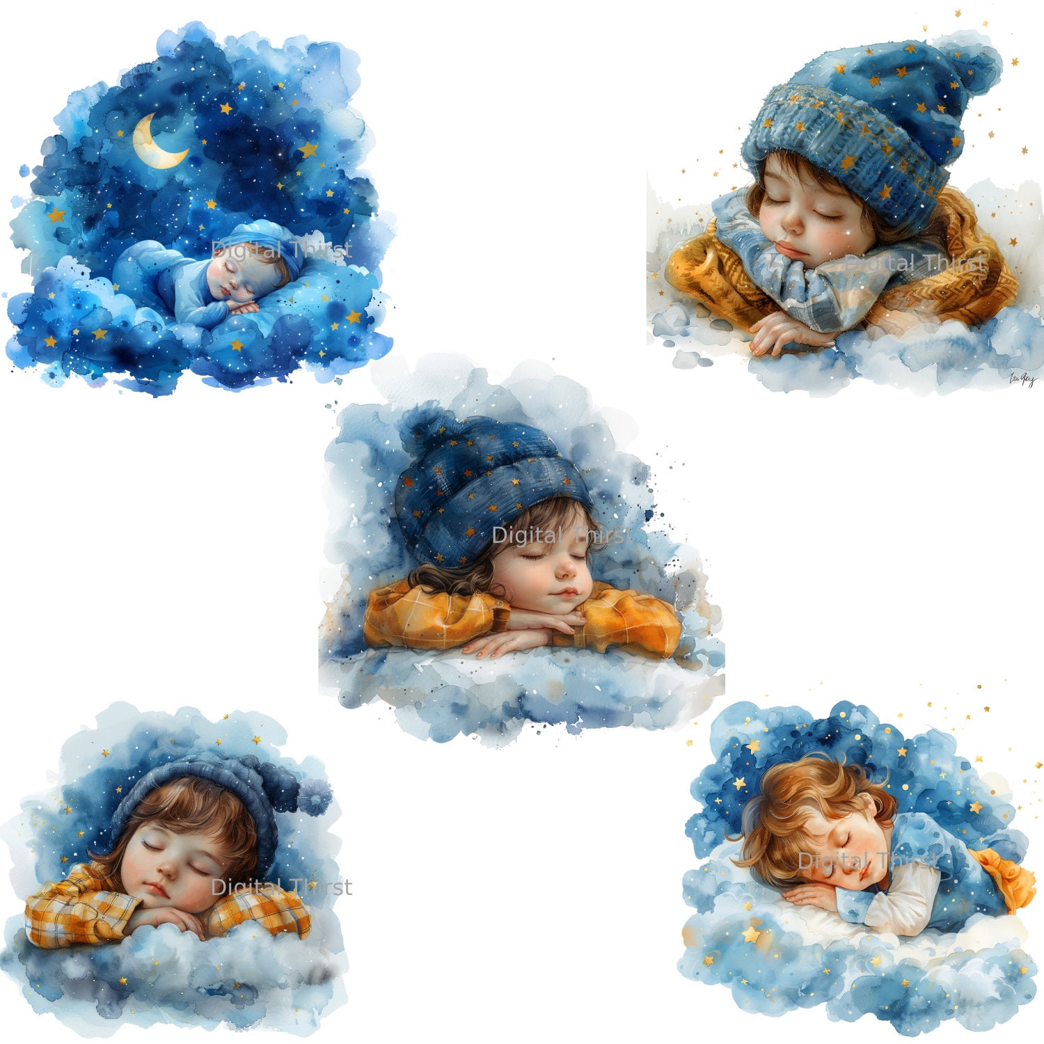 Watercolor Baby Boy Sleeping Clipart, Baby Boys Relaxing on Clouds, 300 ...