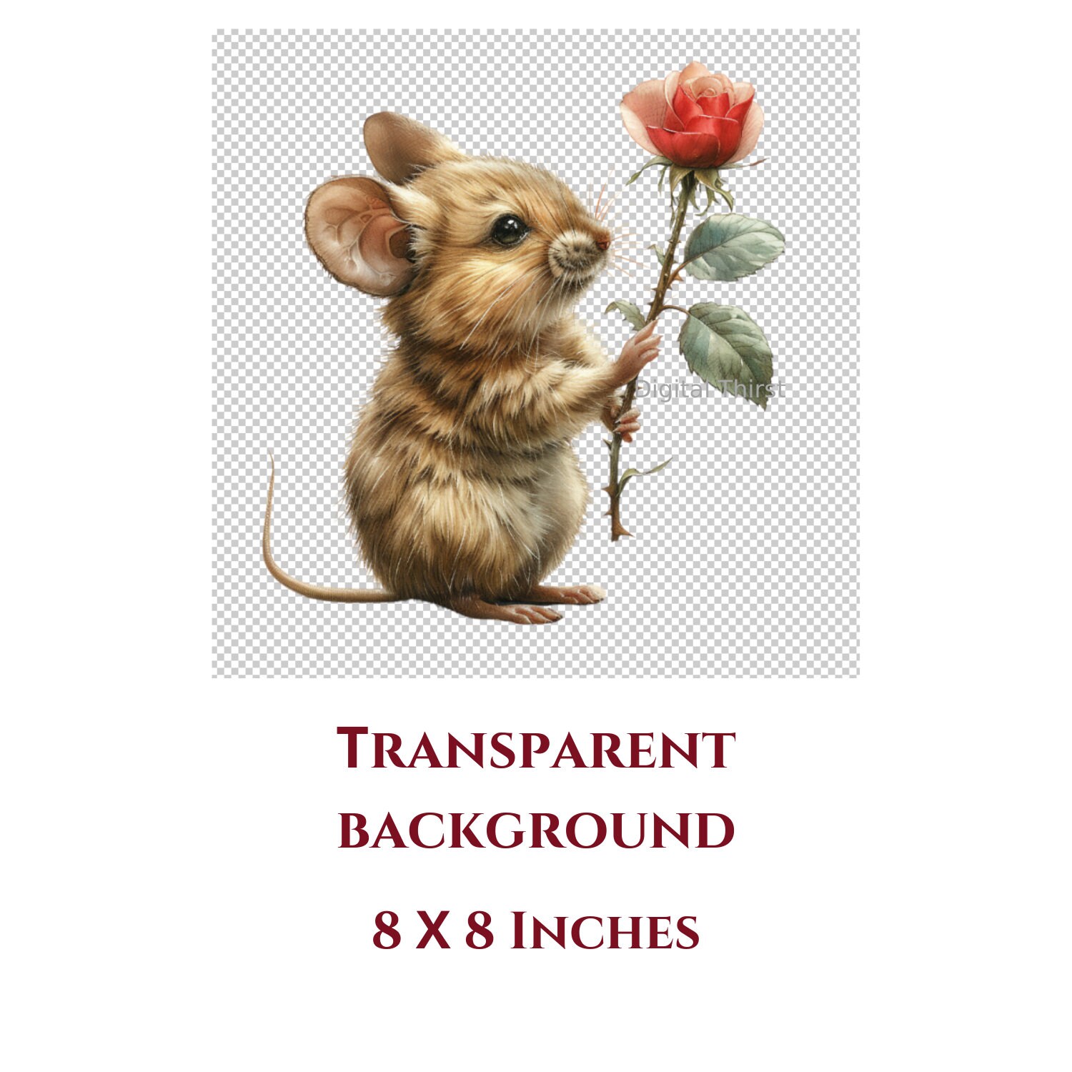 Watercolor Mouse With Rose Clipart, Cute Mice Holding a Rose, Digital ...