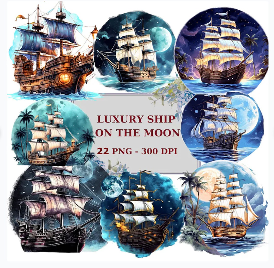 Moonlit Ship Clipart: Luxury Gold Ships, Fantasy Sea (digital Download ...