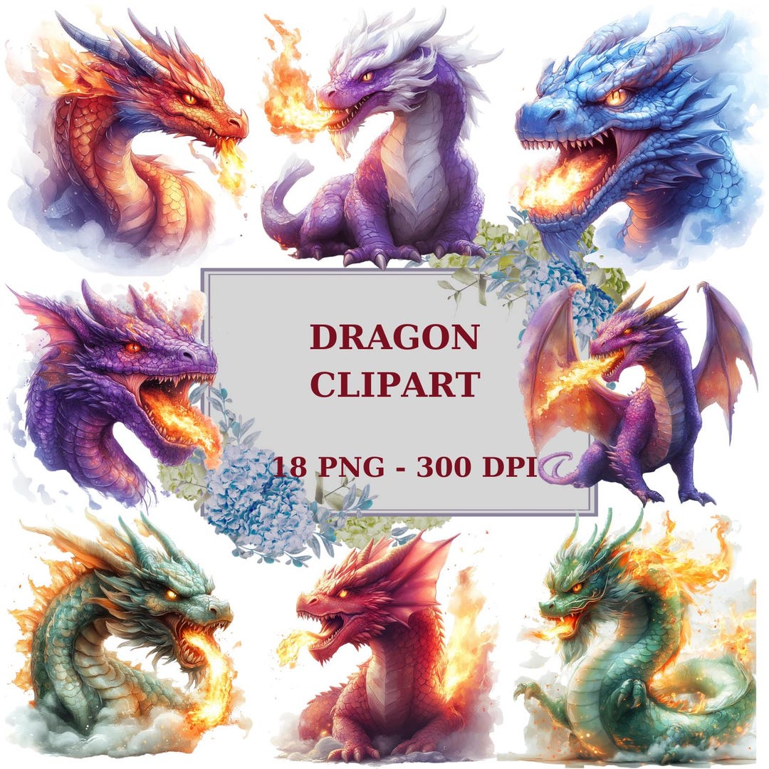 18 Watercolor Dragons Clipart, Dragons With Fire, Colorful Dragons ...