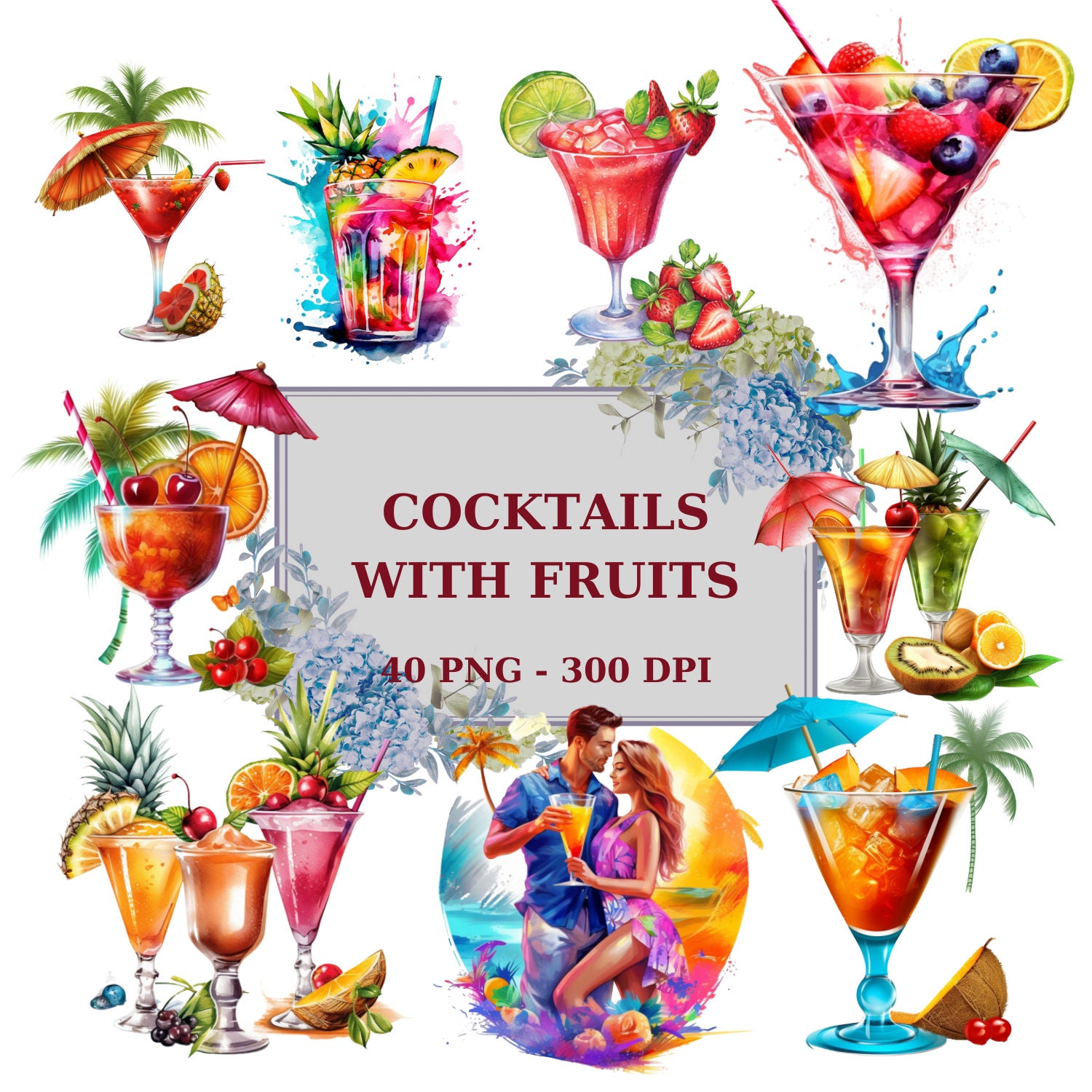 Watercolor Cocktails With Fruits Clipart Fruity Summer - Etsy