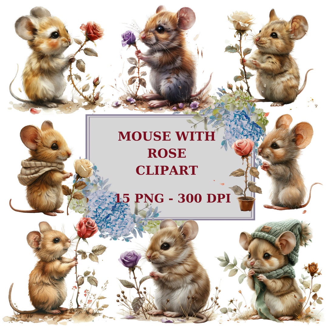 Watercolor Mouse With Rose Clipart, Cute Mice Holding a Rose, Digital ...
