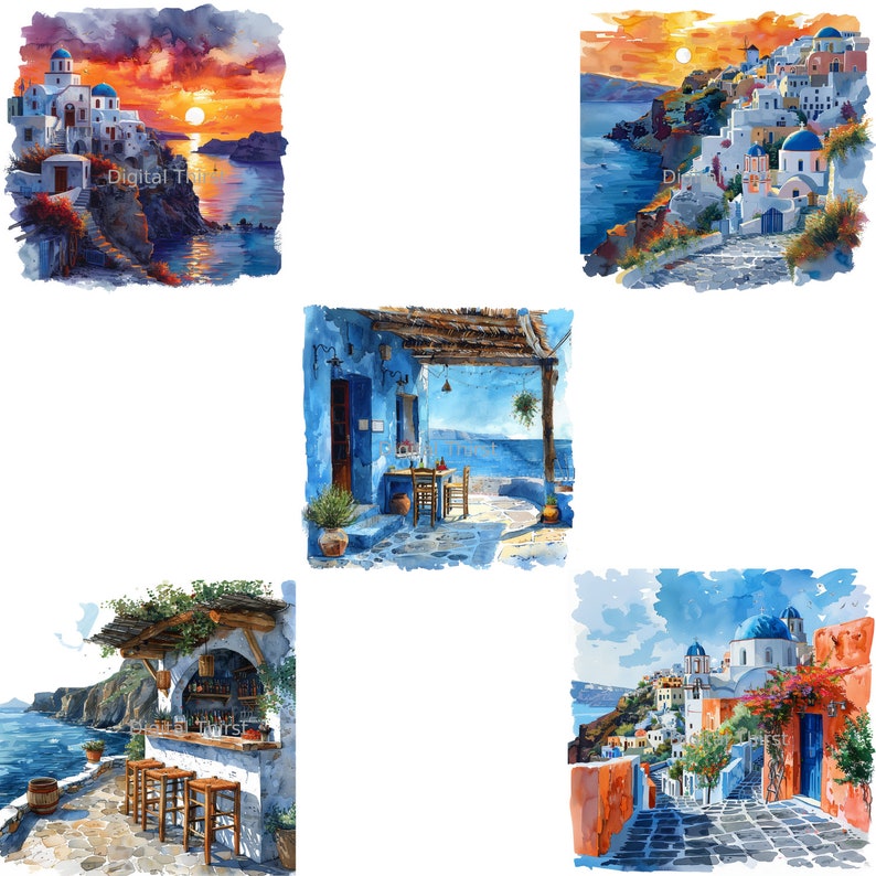 15 Watercolor Santorini Sunset Clipart, Greek Island, Summer, Digital ...