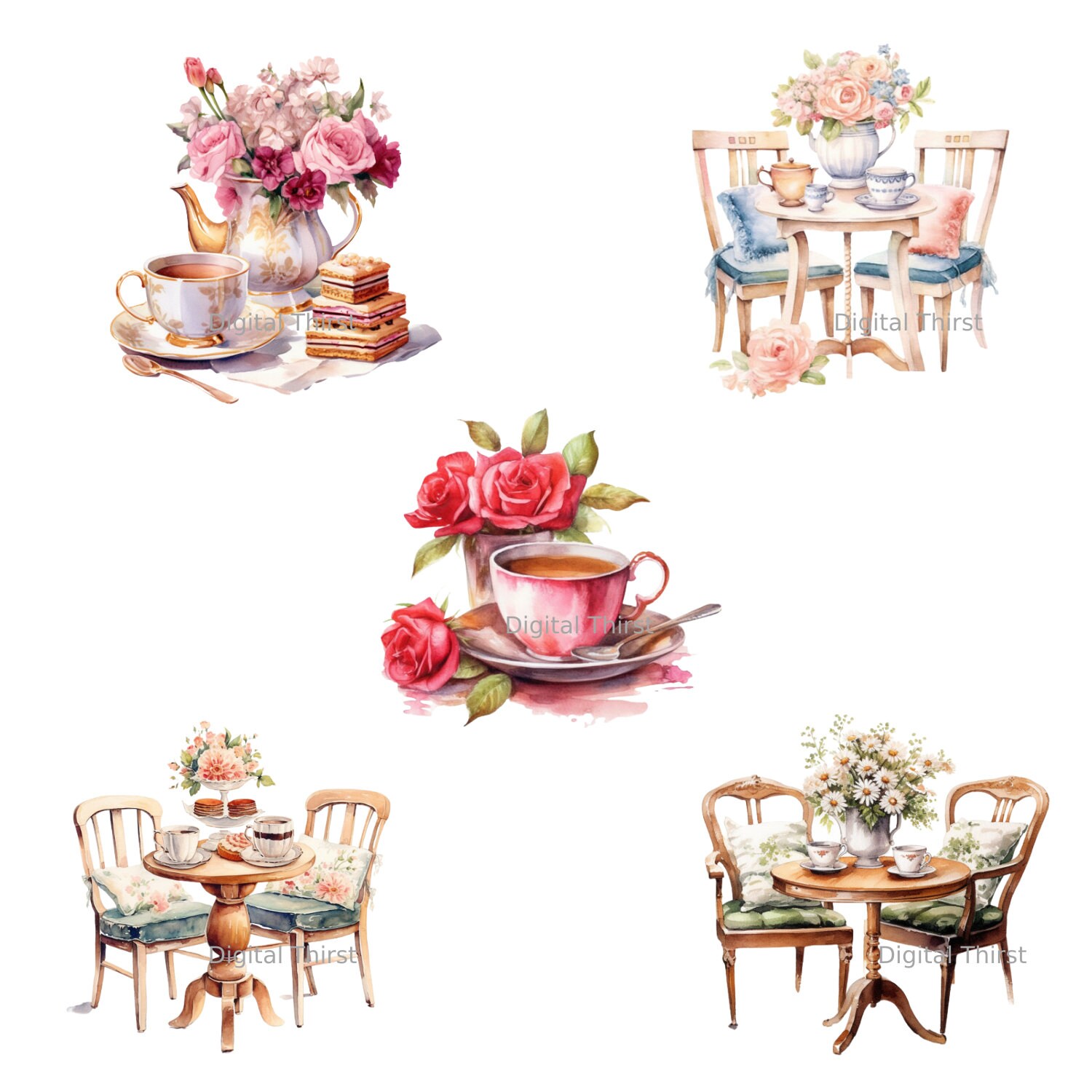 Watercolor Vintage Tea Party Clipart: Floral Table Scenes (digital ...