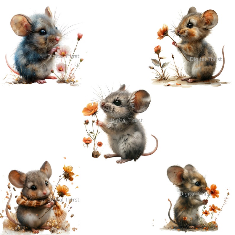 Watercolor Mouse Clipart, Cute Flower Mice, 12 PNG (digital Download ...
