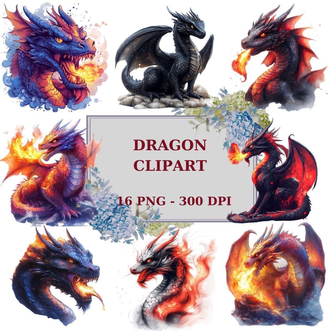 16 Watercolor Dragons Clipart, Dragons With Fire, Colorful Dragons ...