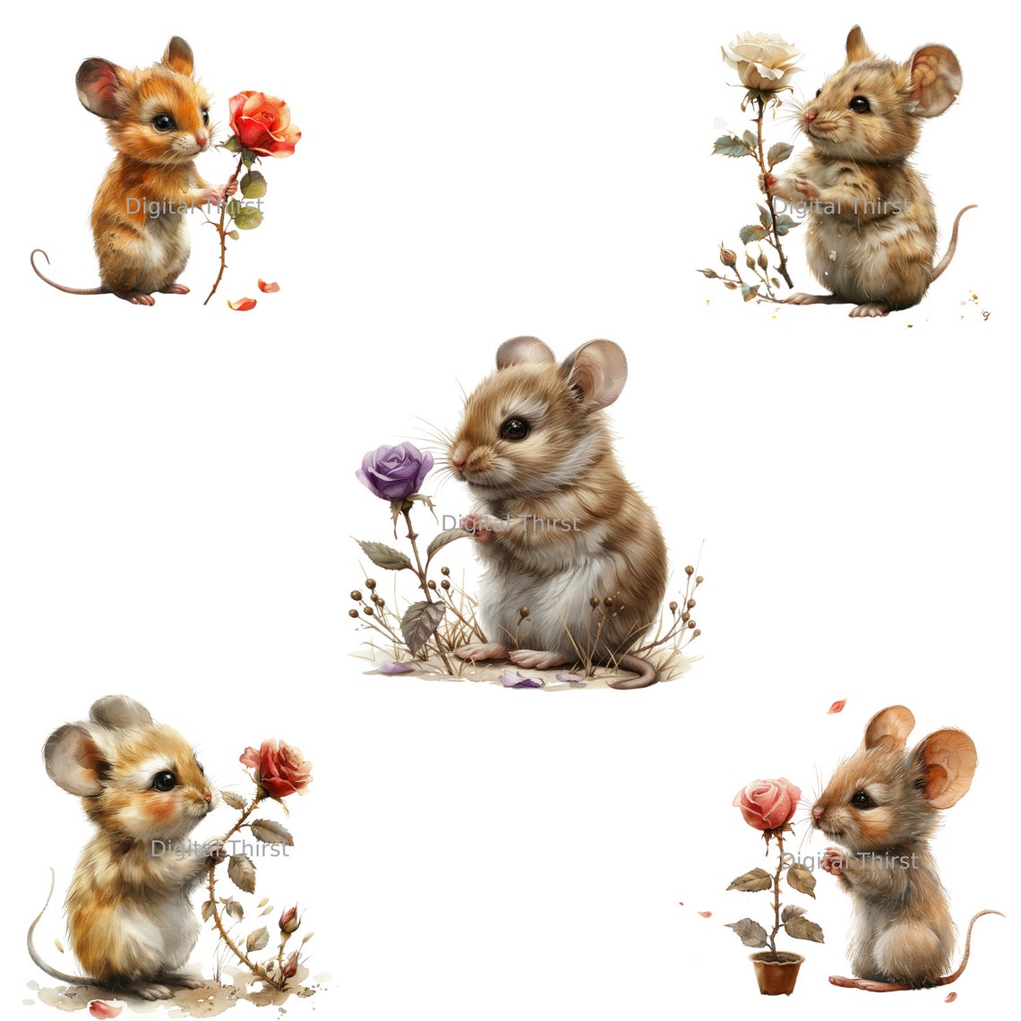 Watercolor Mouse With Rose Clipart, Cute Mice PNG (digital Download) - Etsy