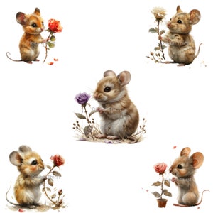 Watercolor Mouse With Rose Clipart, Cute Mice Holding a Rose, Digital ...