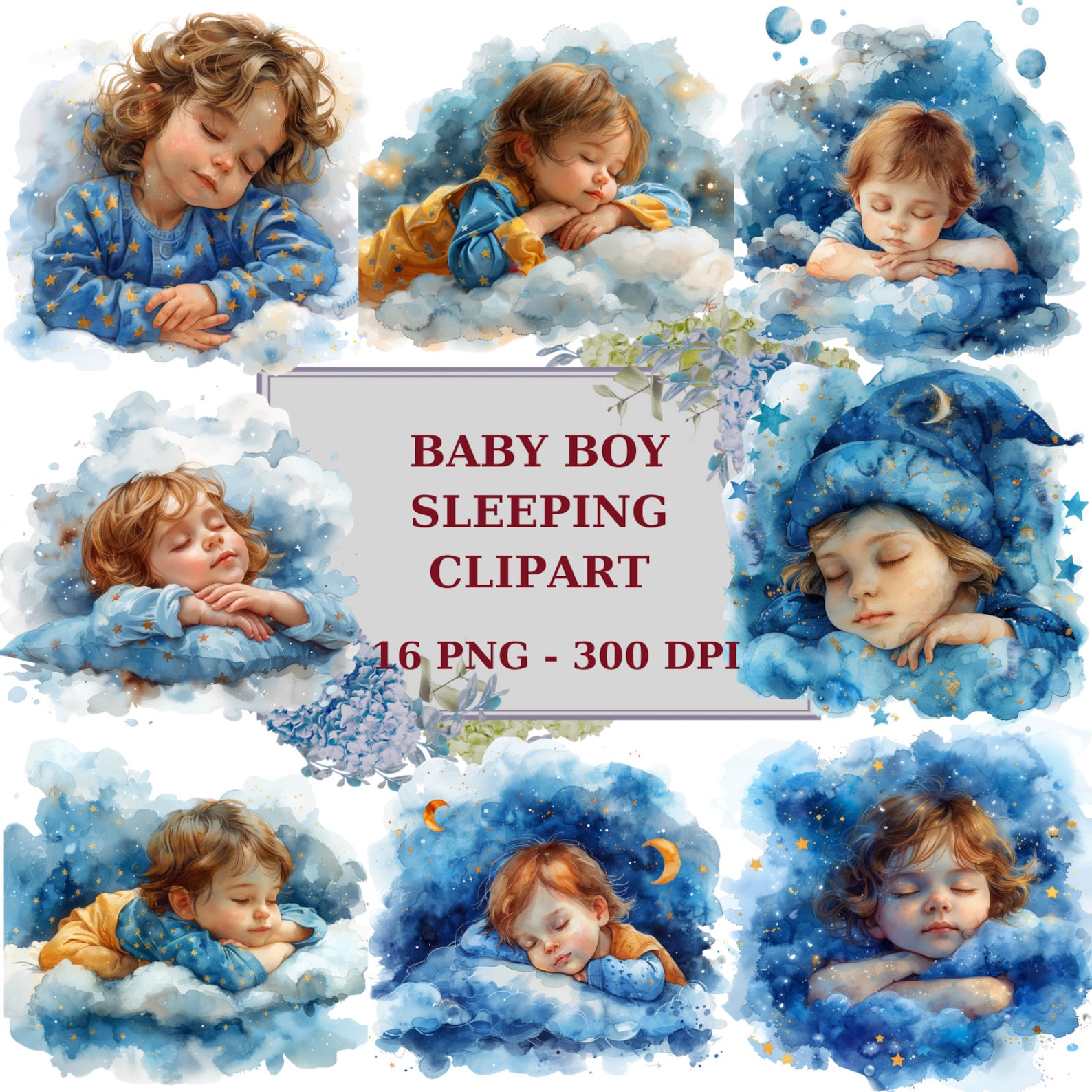 Watercolor Baby Boy Sleeping Clipart, Baby Boys Relaxing on Clouds, 300 ...