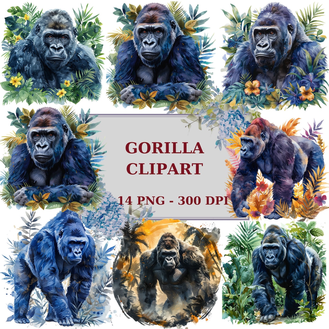 14 Watercolor Gorilla in the Jungle Clipart, Gorilla Eating, Standing ...