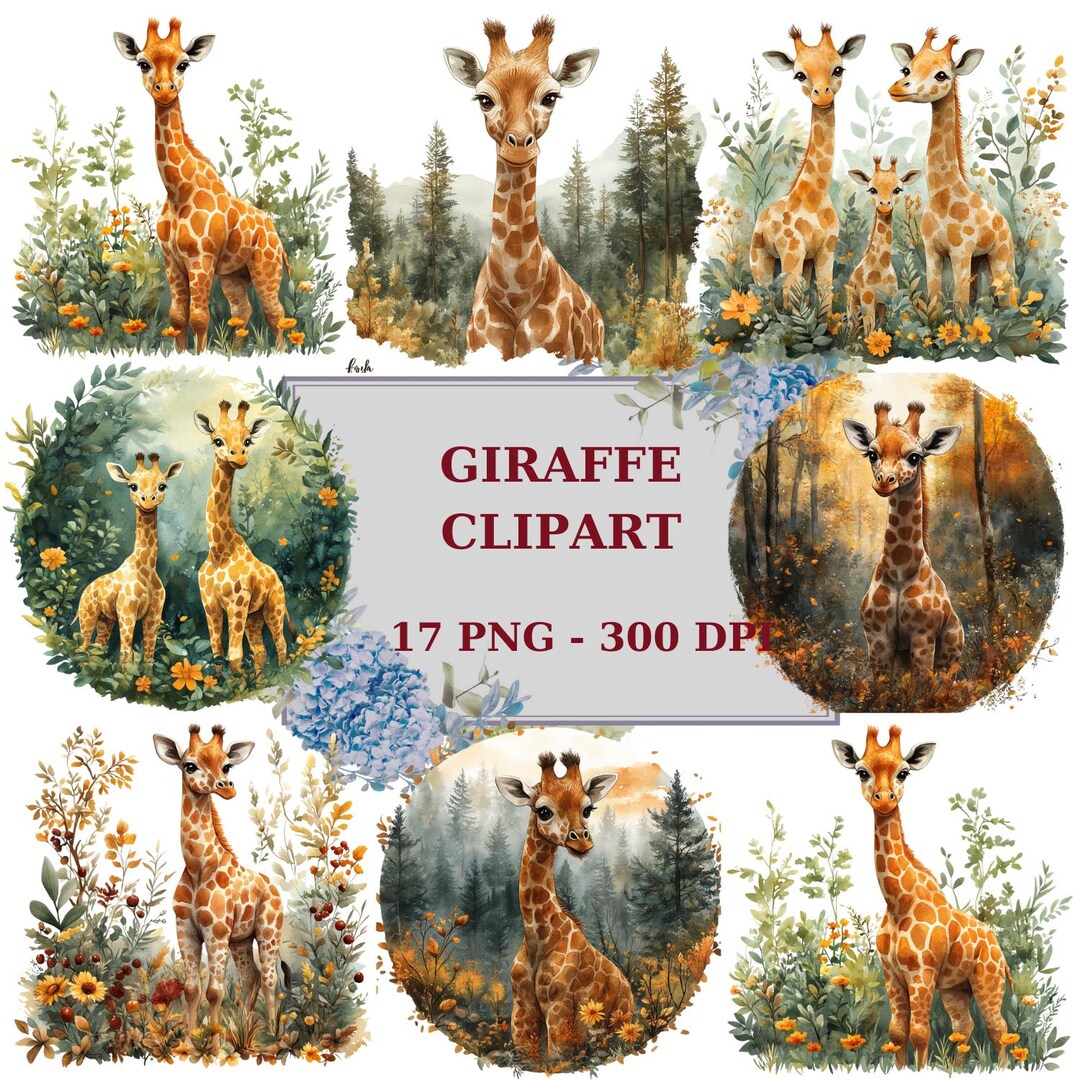 Watercolor Giraffe Clipart: Forest Animal PNG Images (digital Download ...