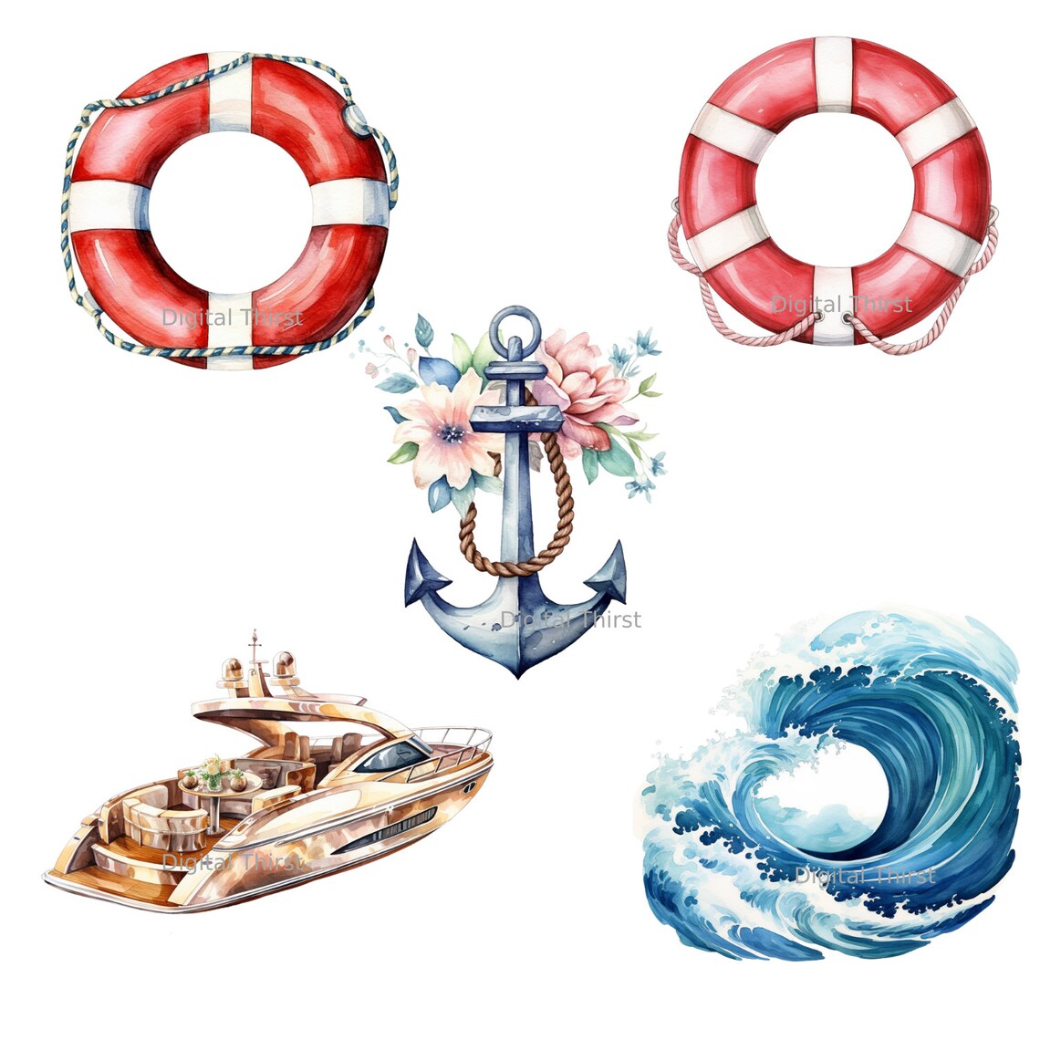 Watercolor Boat on the Sea Clipart, Anchor, Life Jacket-life Buoy Ring ...