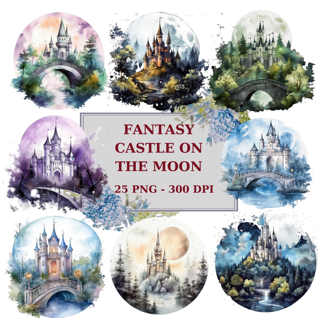 Watercolor Fantasy Castle on the Moon Clipart, Night, Castle, Forest ...