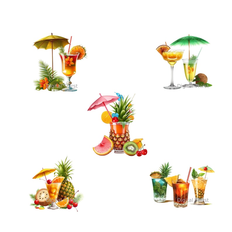Watercolor Cocktails With Fruits Clipart, Fruity Summer Cocktails ...