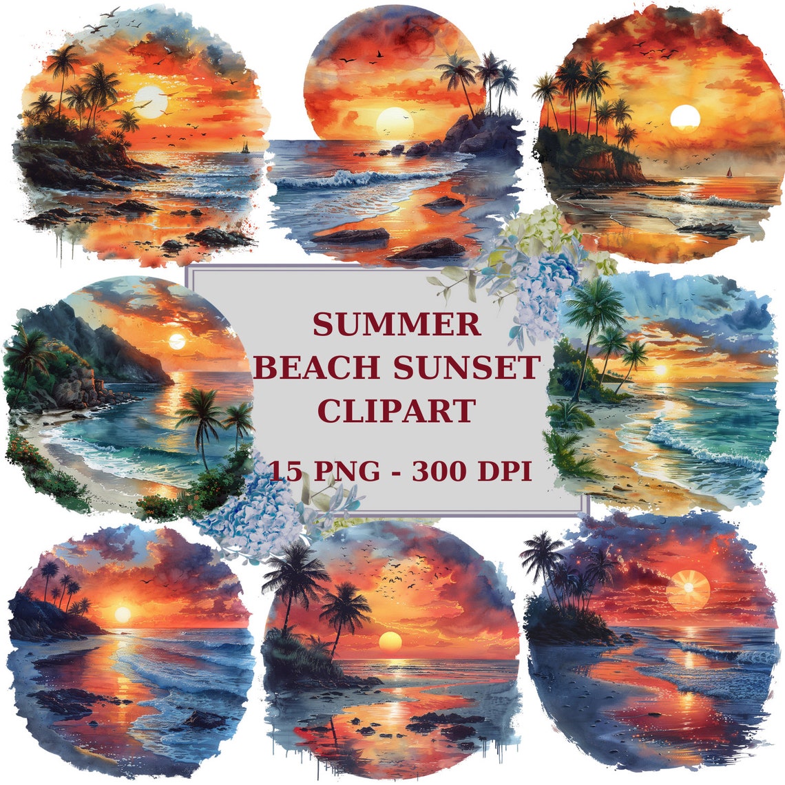 Watercolor Tropical Beach Sunset Clipart: Palms, Rocks & Sea (digital ...