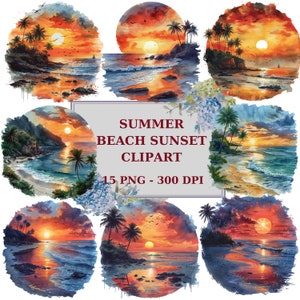 Watercolor Tropical Beach Sunset Clipart: Palms, Rocks & Sea (digital ...
