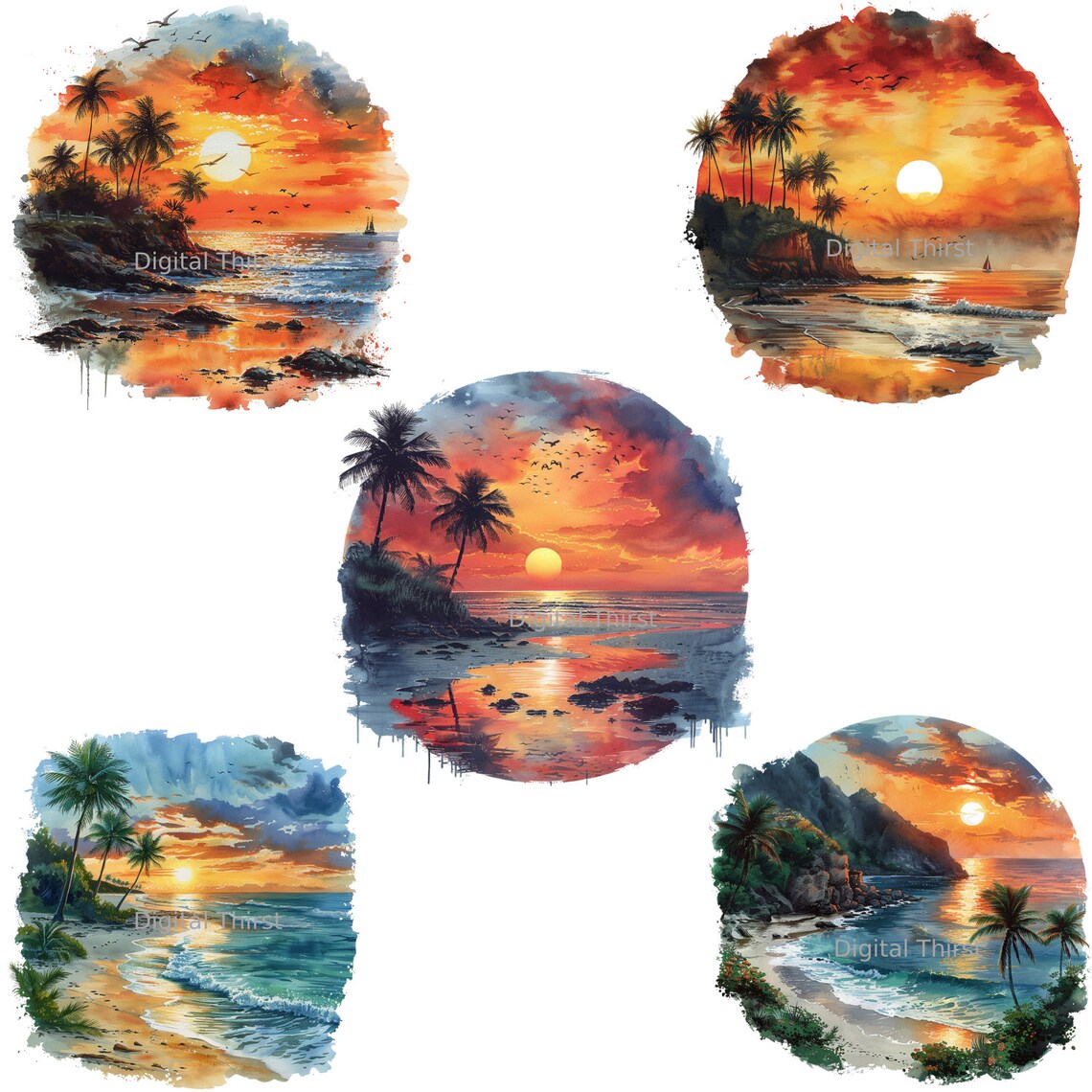 Watercolor Tropical Beach Sunset Clipart: Palms, Rocks & Sea (digital ...