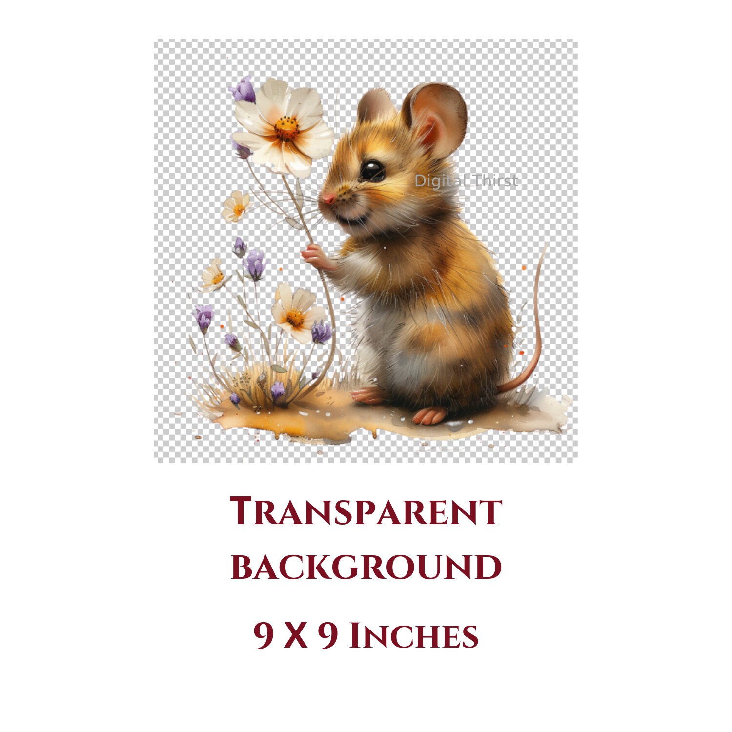 Watercolor Mouse Clipart, Cute Flower Mice, 12 PNG (digital Download ...