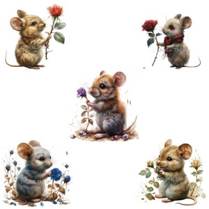 Watercolor Mouse With Rose Clipart, Cute Mice PNG (digital Download) - Etsy