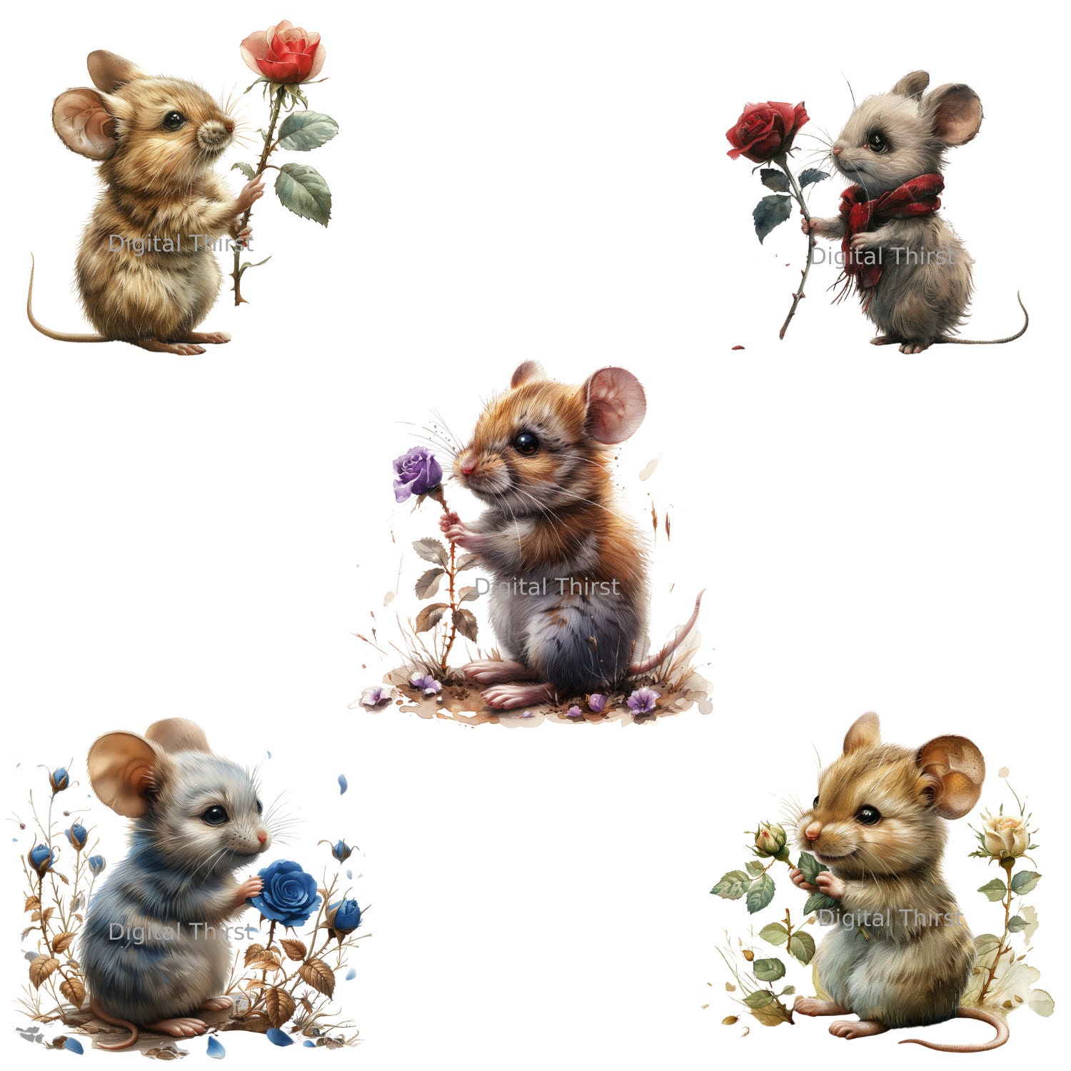 Watercolor Mouse With Rose Clipart, Cute Mice Holding a Rose, Digital ...