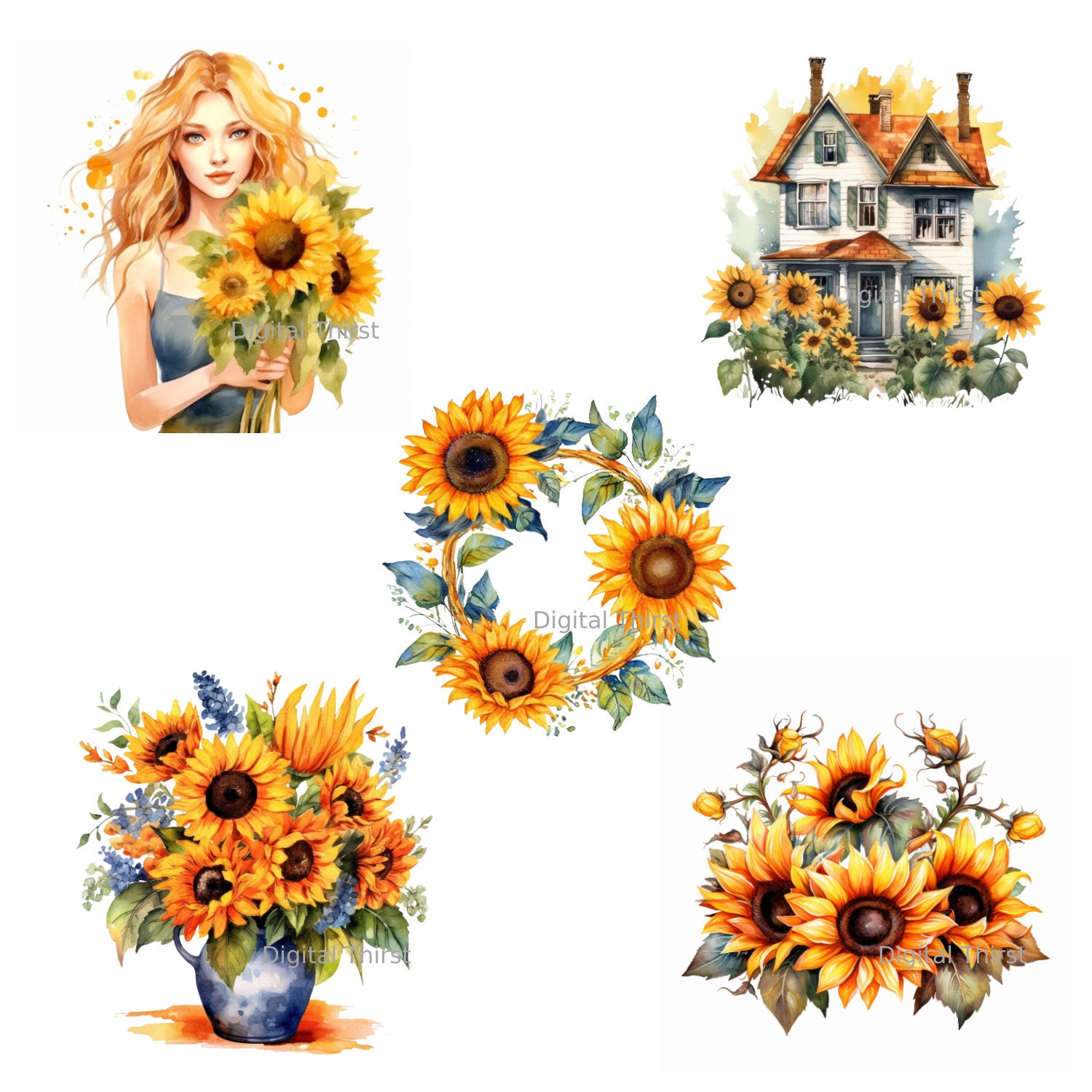 Watercolor Sunflower Clipart, Woman With Sunflowers, Sunflower Floral ...